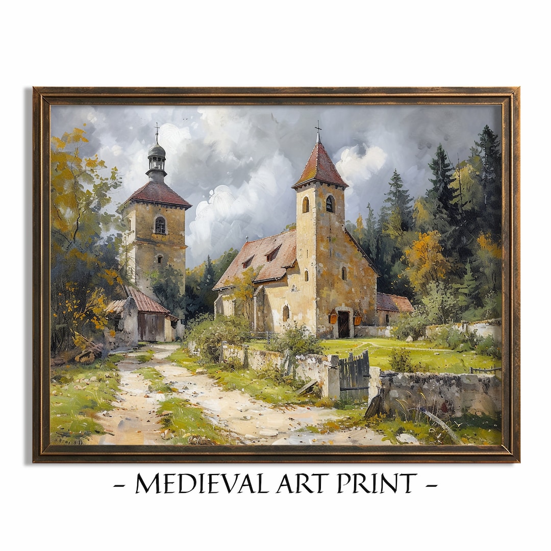 Gothic European Church Print, Medieval Old Church Painting, Chapel ...