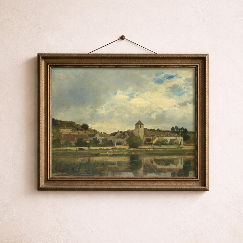 Vintage Cottagecore Wall Art Printable, Village Church River Landscape ...