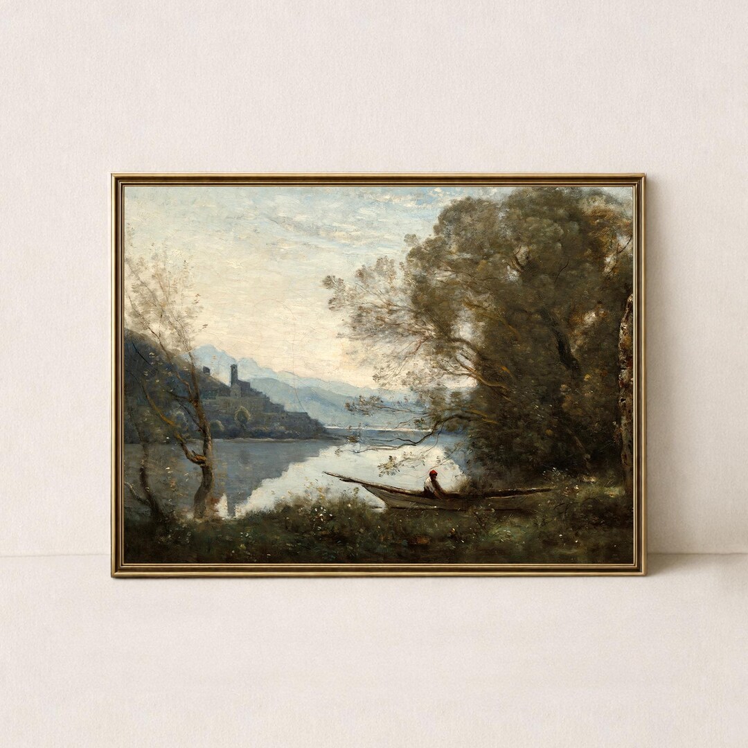Vintage Cottagecore Wall Art Printable, River Landscape Boat Figure ...