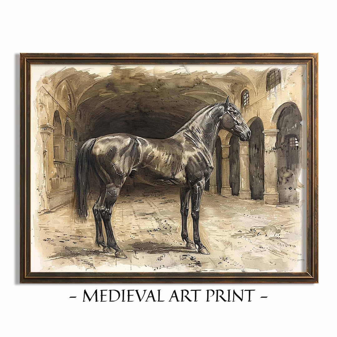 Medieval Horse Drawing, Middle Age Painting Print Illustration ...