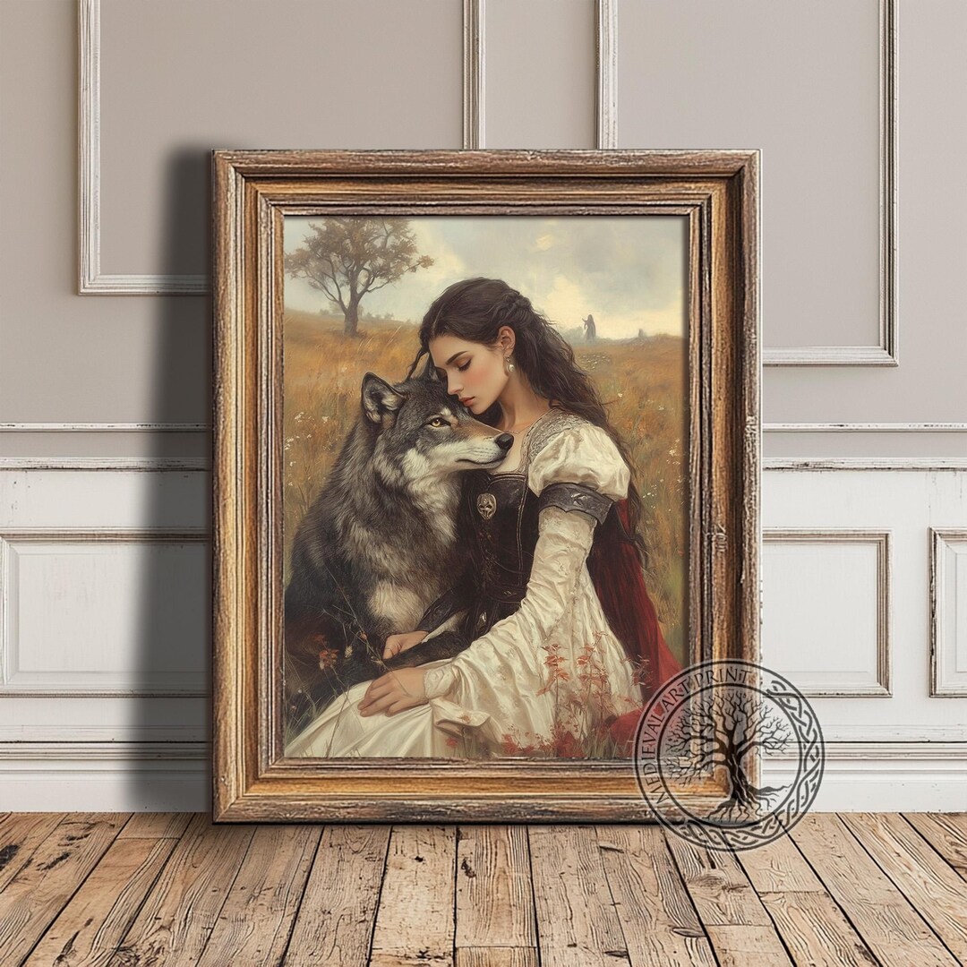 Lady Warrior & Wolf Print, Printable Medieval Knightcore Painting ...