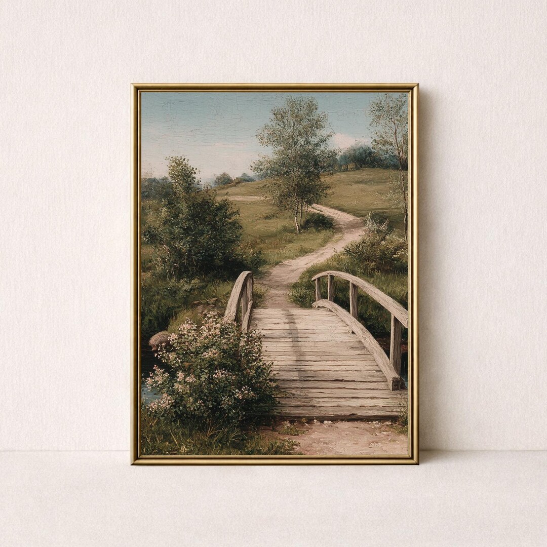 Vintage Wall Art PRINTABLE, Wooden Footbridge Landscape Print, Digital ...