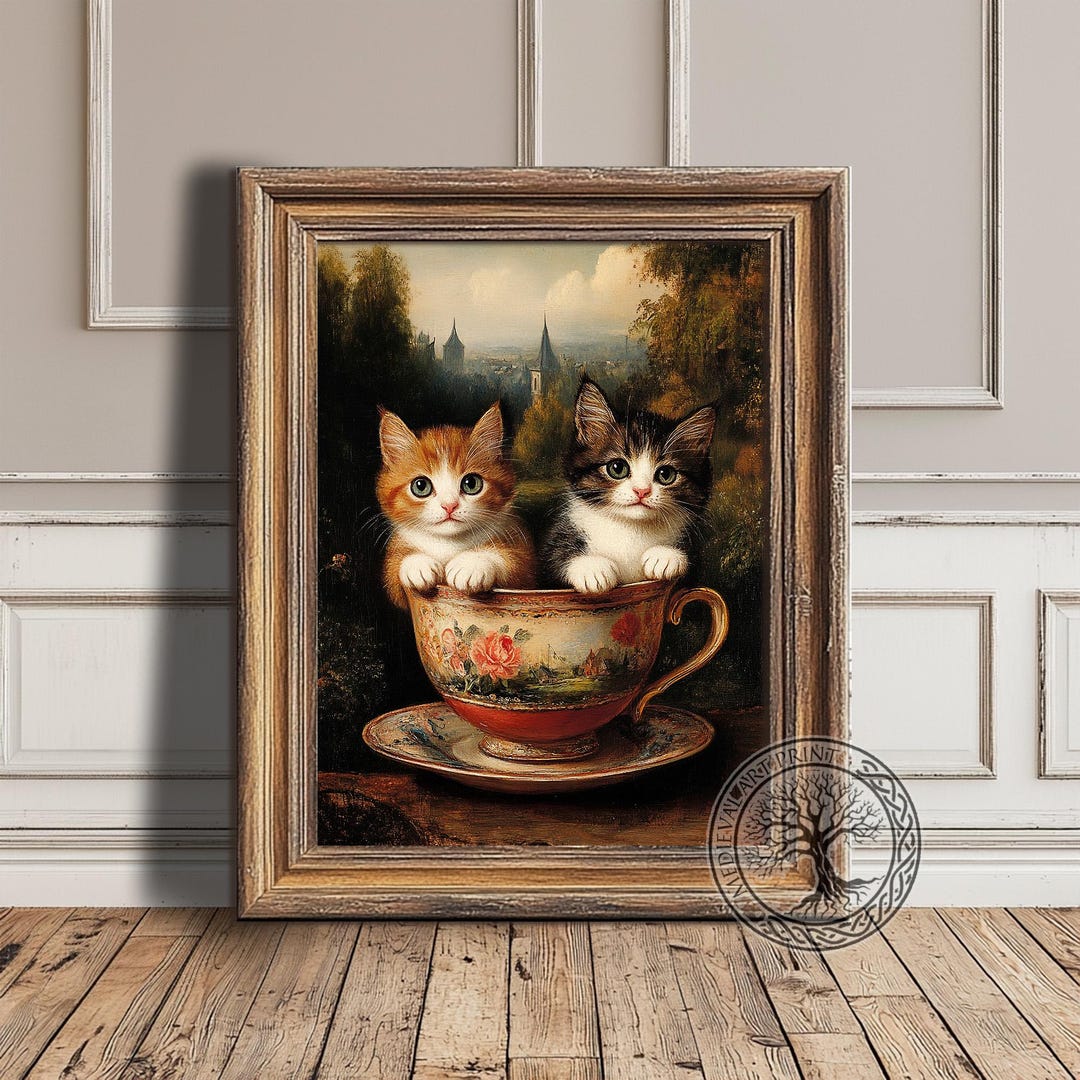 Kittens in a Teacup Print, Printable Medieval Tea Party Home Decor ...