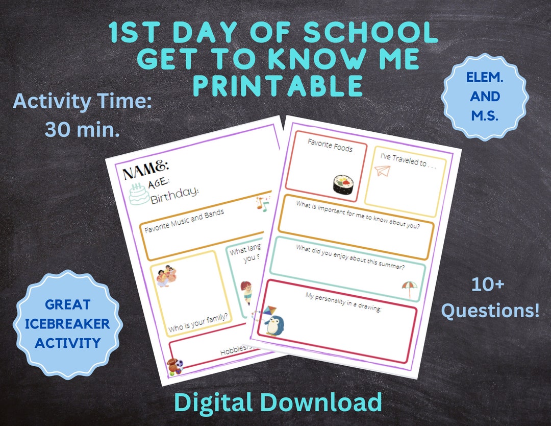 Back to SCHOOL Get to Know Me PRINTABLE KIDS Middle/elementary School ...