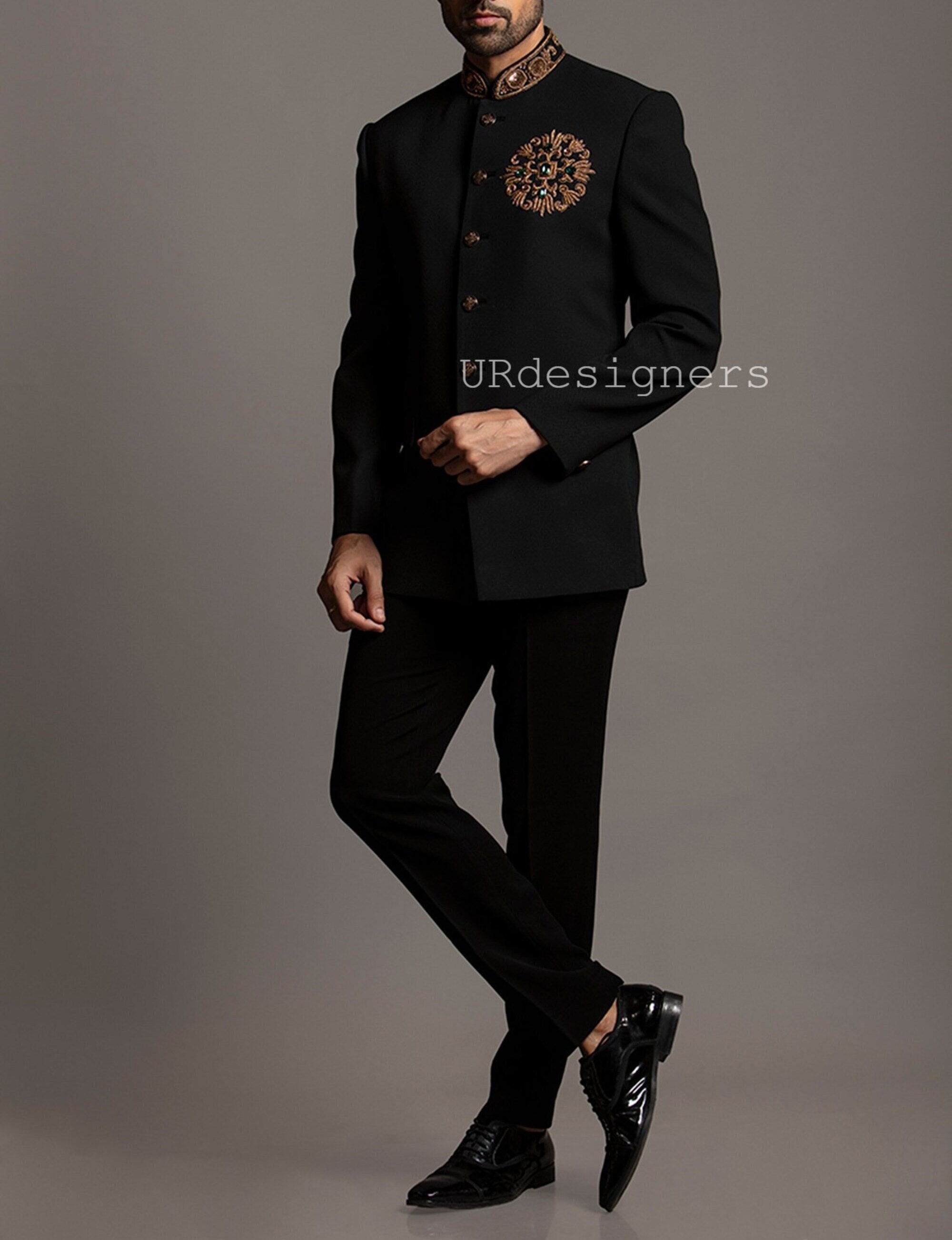 Rich Black Prince Jodhpuri Suit With Copper Handwork on Chest - Etsy