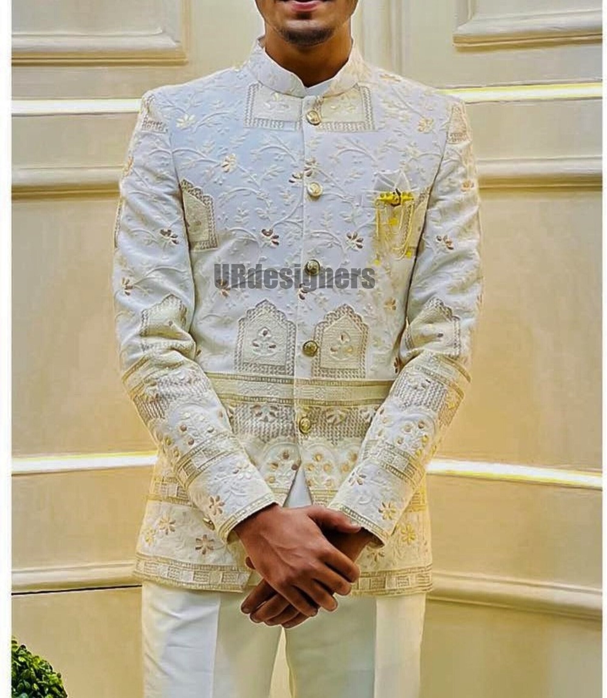 Ivory Jodhpuri Suit: Golden Zari Embroidery, Slim Fit Wedding Outfit - Etsy
