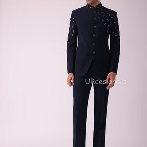 Sparkling Tringles Handwork Dark Blue Prince Jodhpuri Suit for Men for ...
