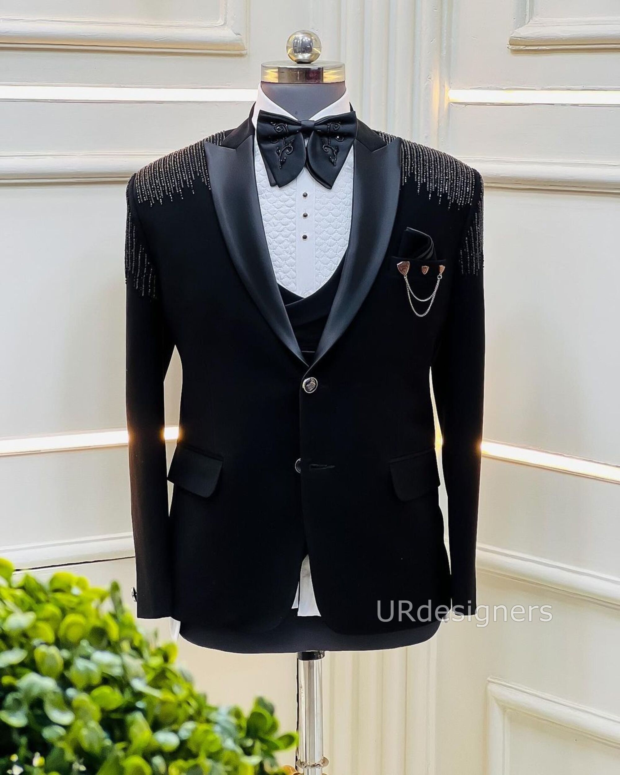 Black Sparkling Tuxedo Suit With Black Pearl Handwork With Satin Lapel ...