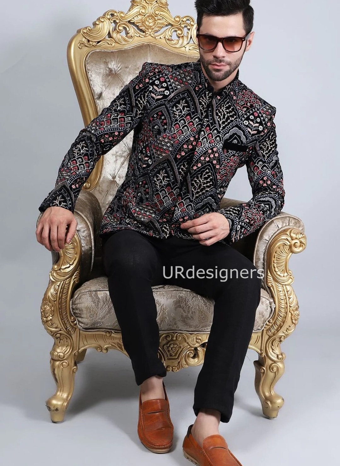 Velvet Prince Jodhpuri Suit: Multicolor Resham Embroidery, With Trouser ...