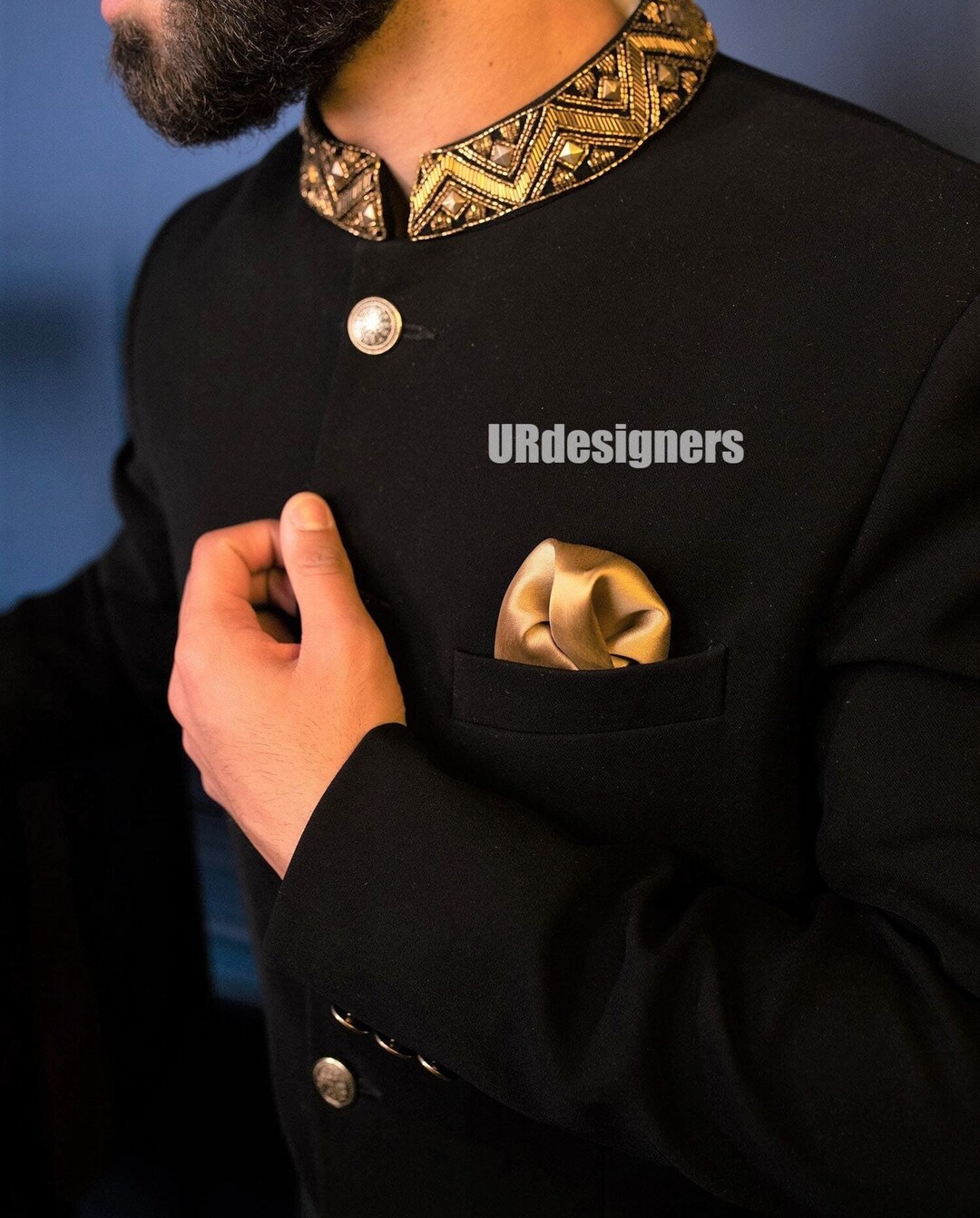 Party Special Black Jodhpuri Suit With Golden Glass Pipes Hand Work ...
