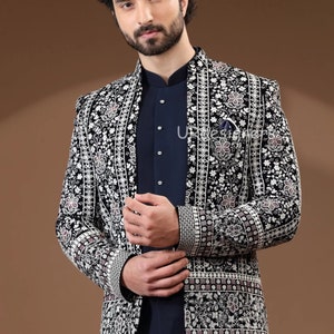 Black Jodhpuri Open Jacket With Flowers Embroidery Work With Vest ...