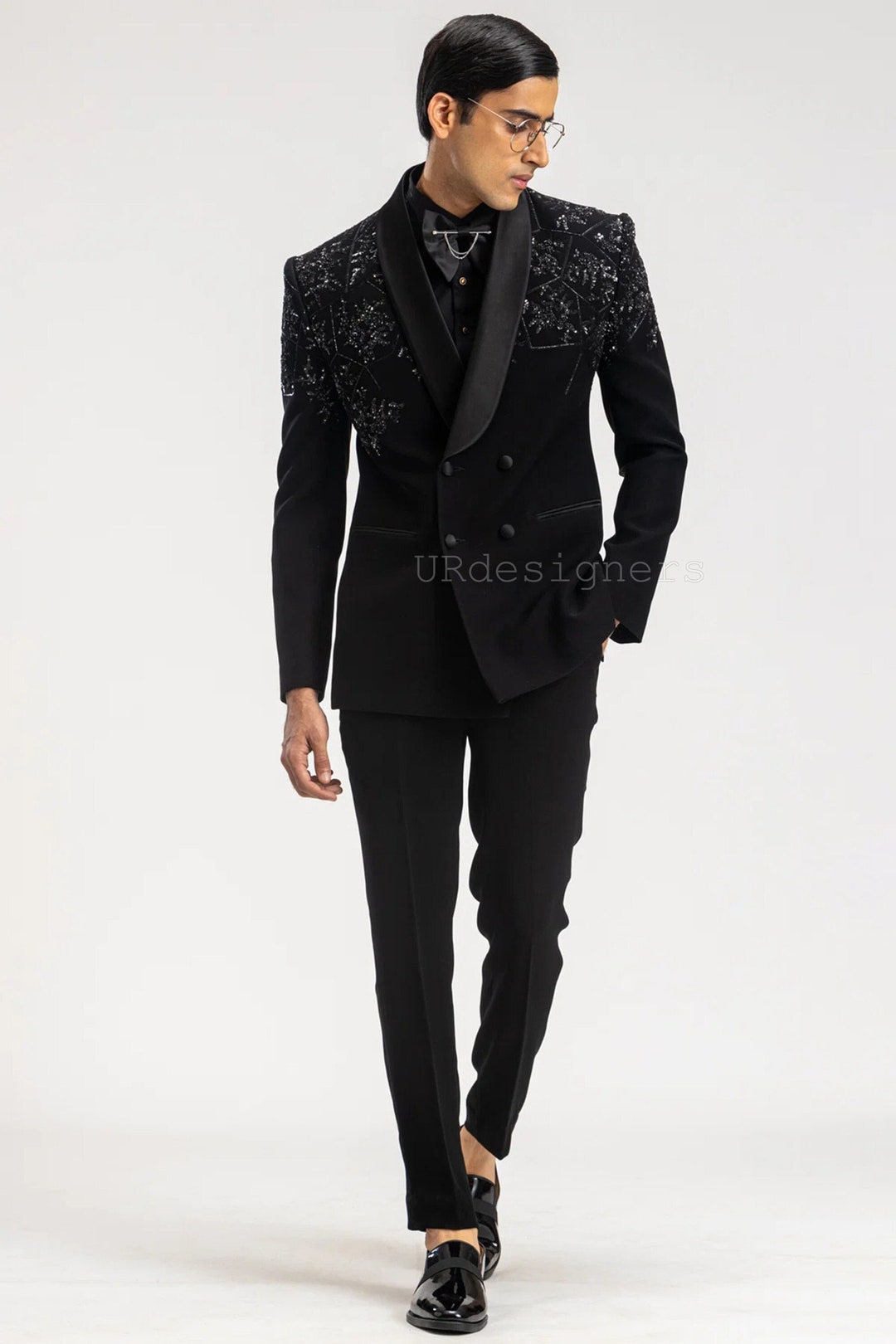 Black Allover Sparkling Sequins Handwork Double Breasted Black Tuxedo ...