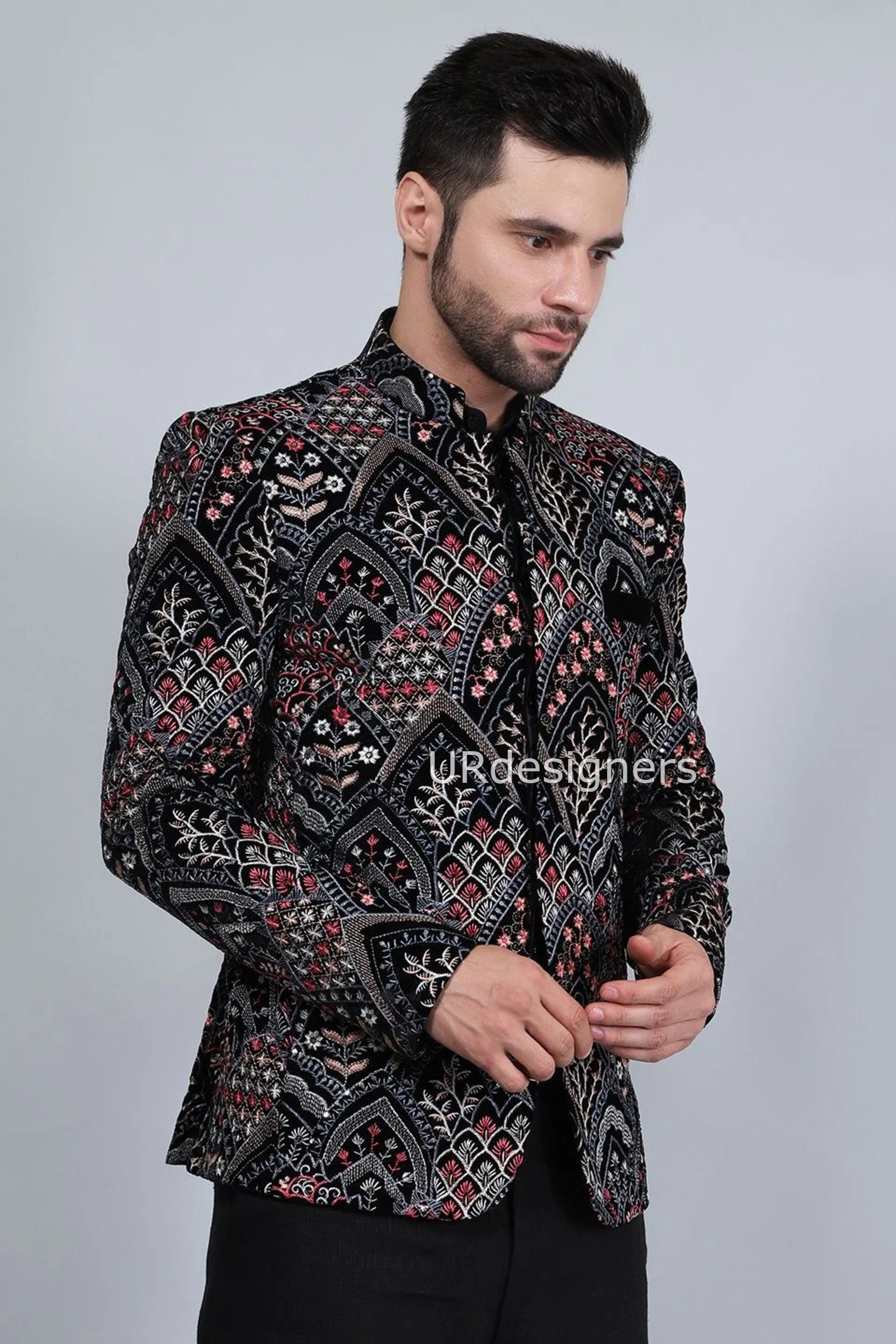 Velvet Prince Jodhpuri Suit: Multicolor Resham Embroidery, With Trouser ...