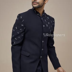 Sparkling Tringles Handwork Dark Blue Prince Jodhpuri Suit for Men for ...