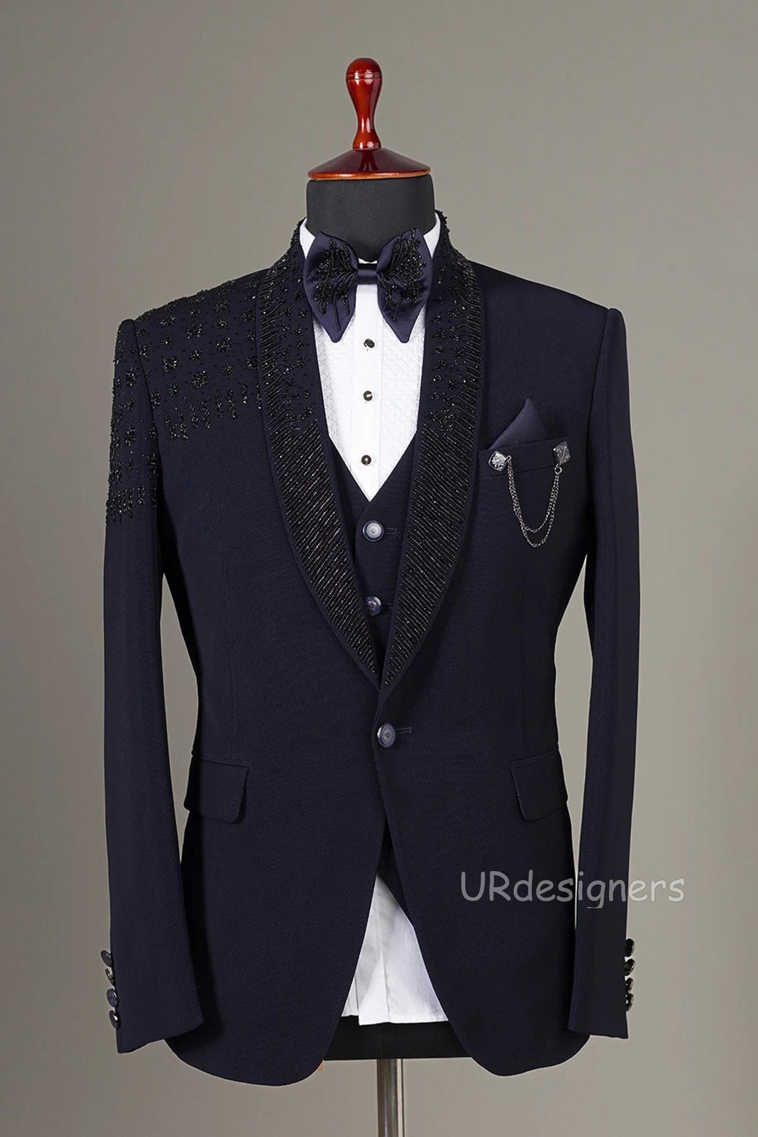 Prom Special Navy Blue Tuxedo Suit With Beads Handwork & Same Color ...