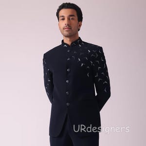 Sparkling Tringles Handwork Dark Blue Prince Jodhpuri Suit for Men for ...