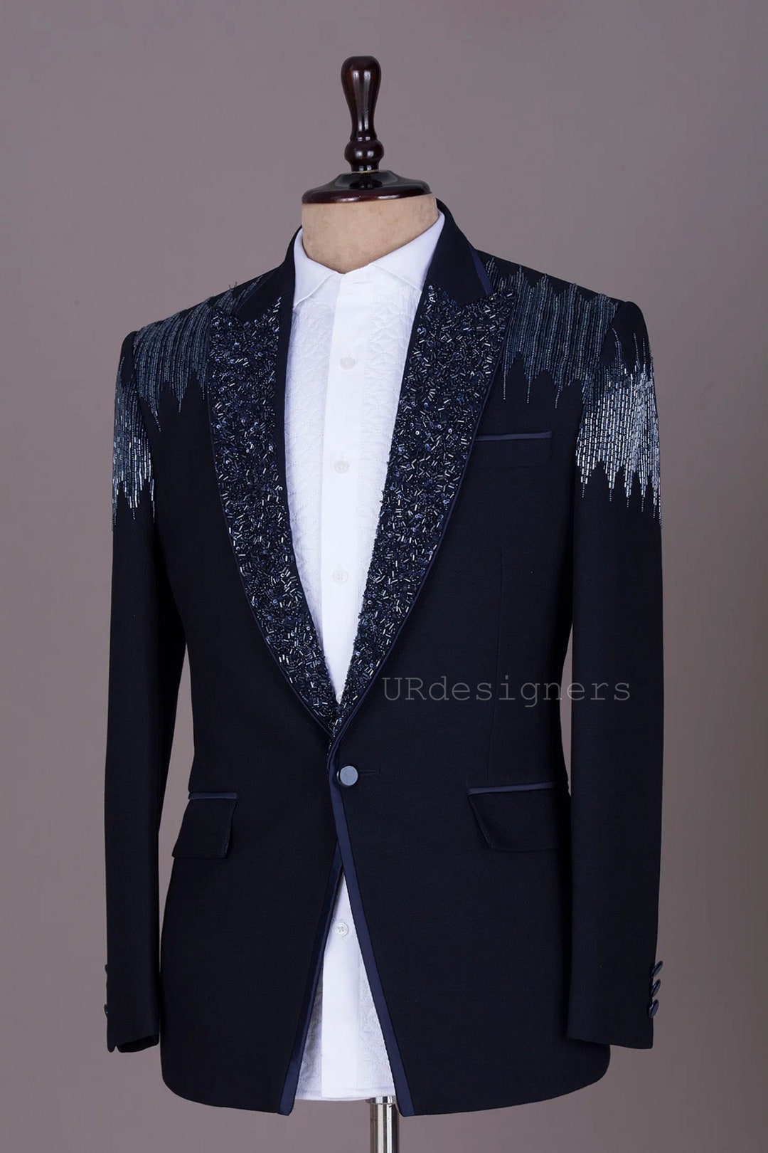 Prom Special Navy Blue Handwork Tuxedo Suit With Same Color Trouser for ...