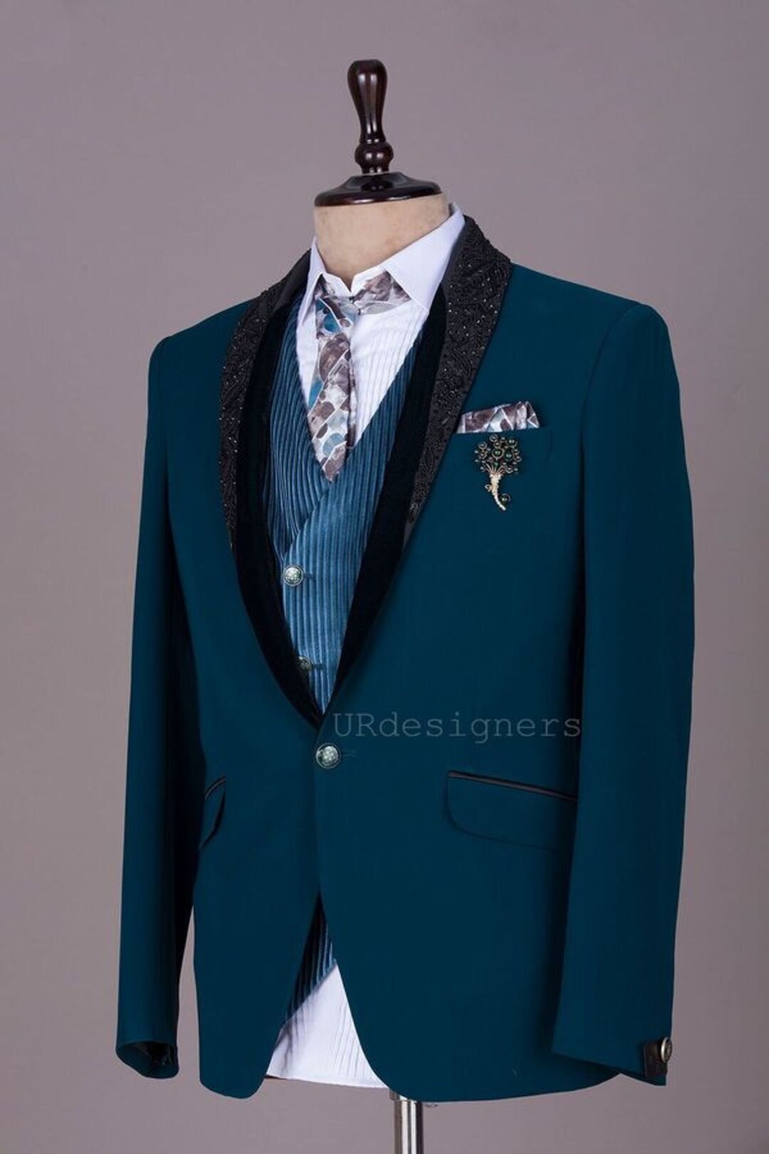 Prom Special Teal Blue Tuxedo Suit With Worked Lapel and Same Color ...
