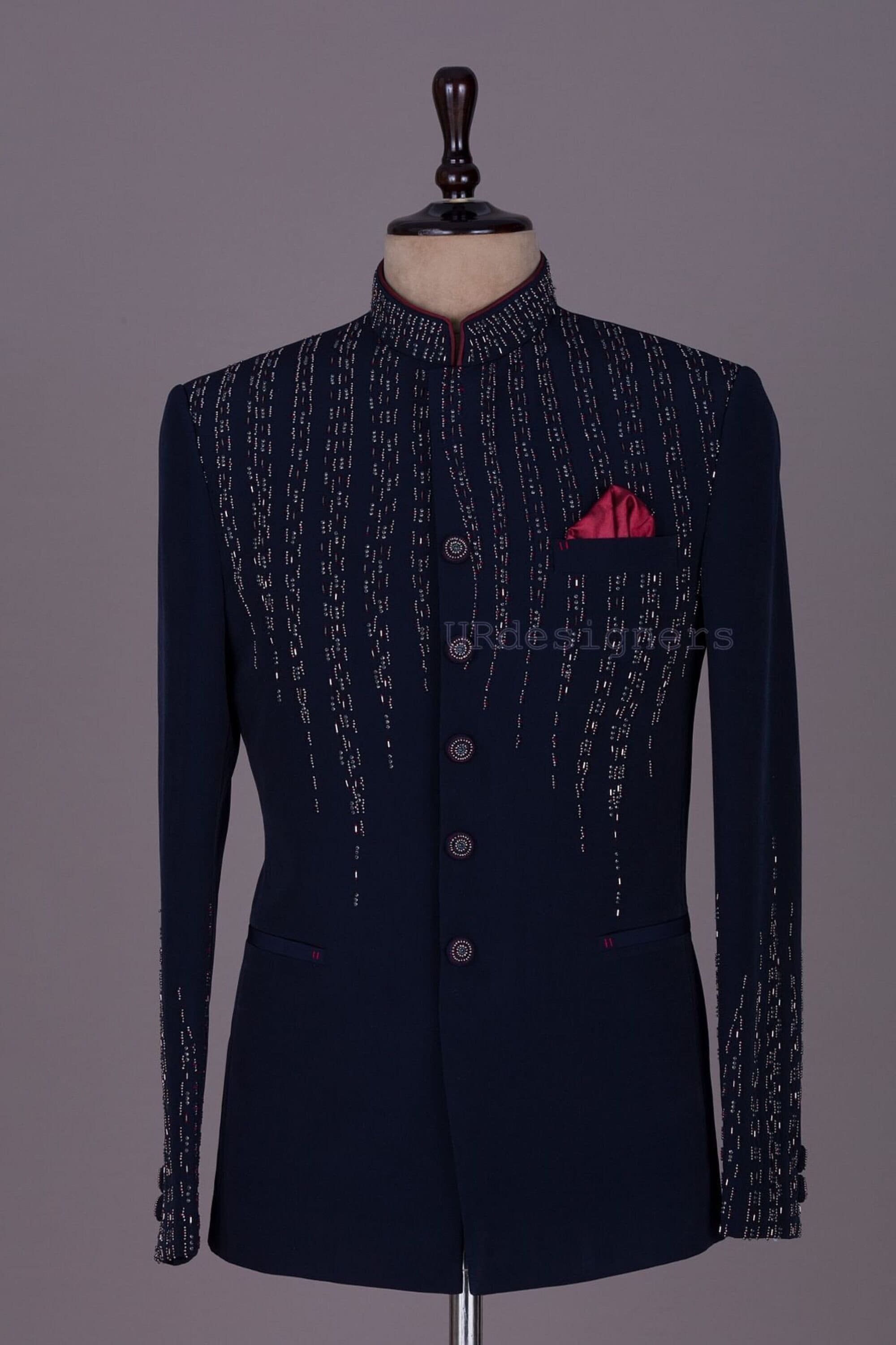 Blue Pearl Handwork Designer Jodhpuri Suit With Blue Trouser for Prom ...