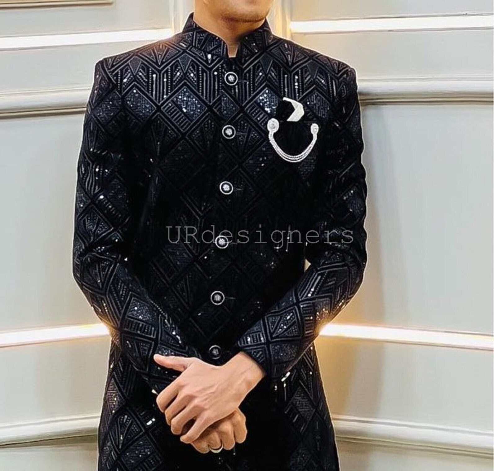 Black Sequin Embroidered Sherwani, Patiala Salwar, Wedding, Groom ...