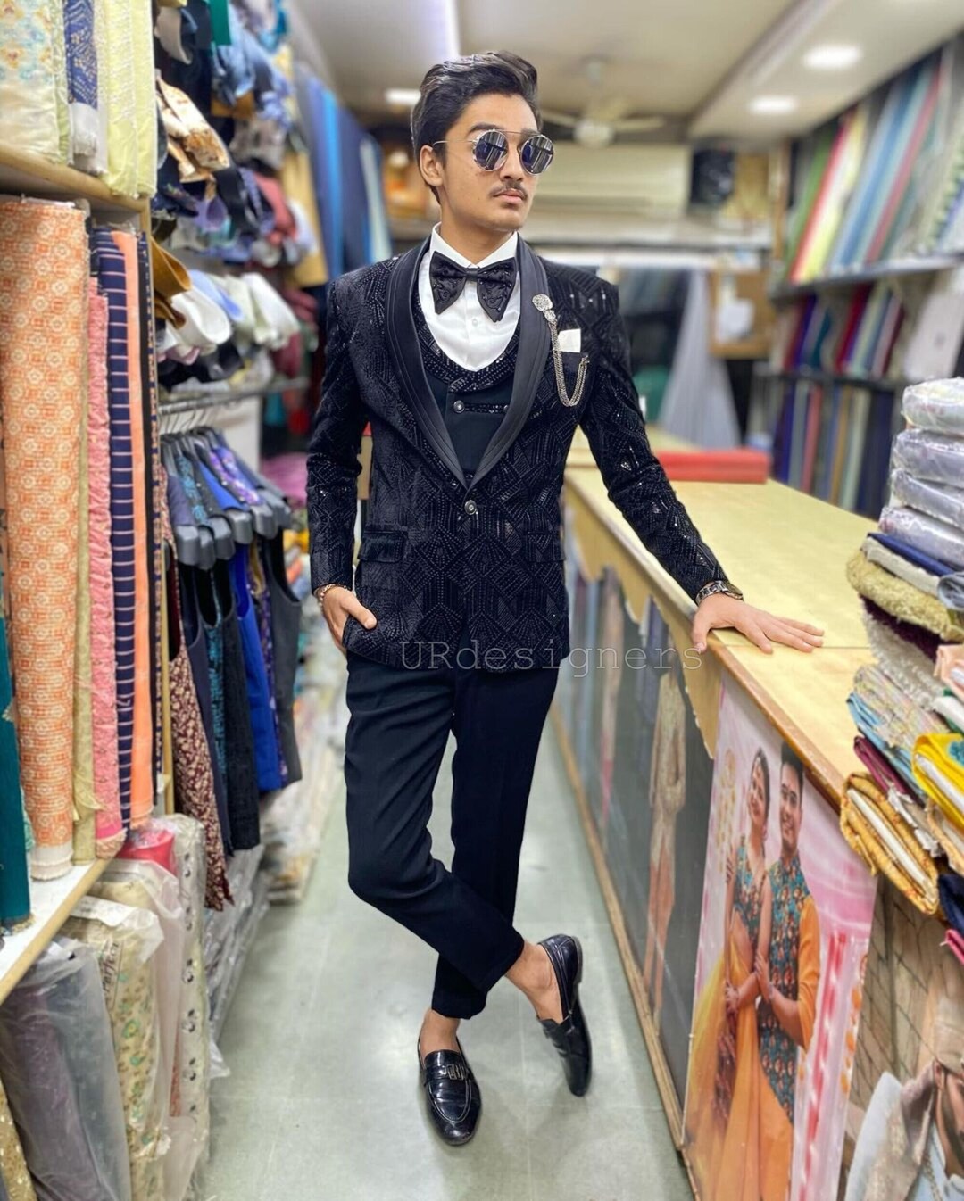 Black Sparkling Prince Tuxedo Suit With Black Sequins Needle Embroidery ...