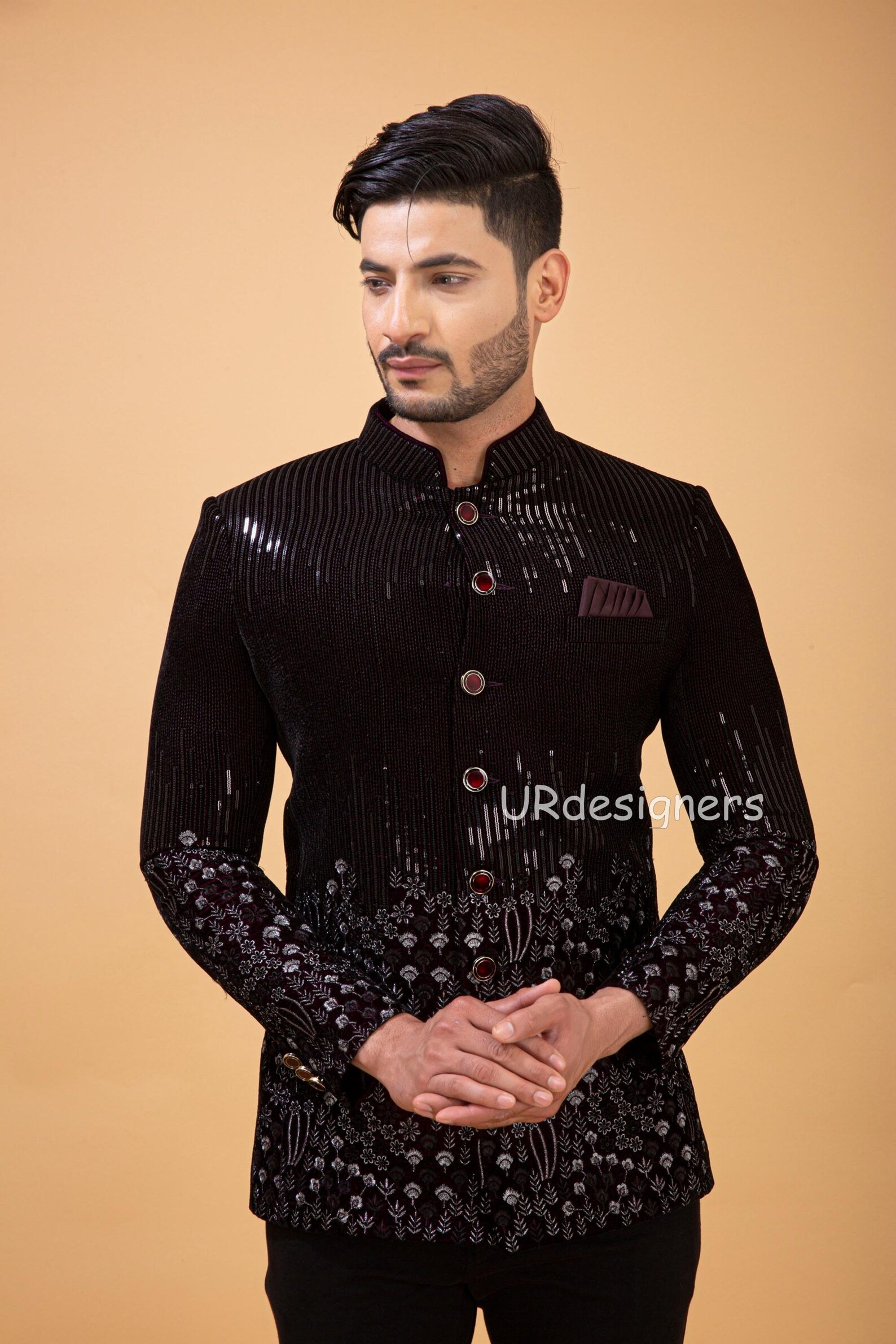 Black Jodhpuri Suit With Sparkling Sequins, Flower Embroidery Work With ...