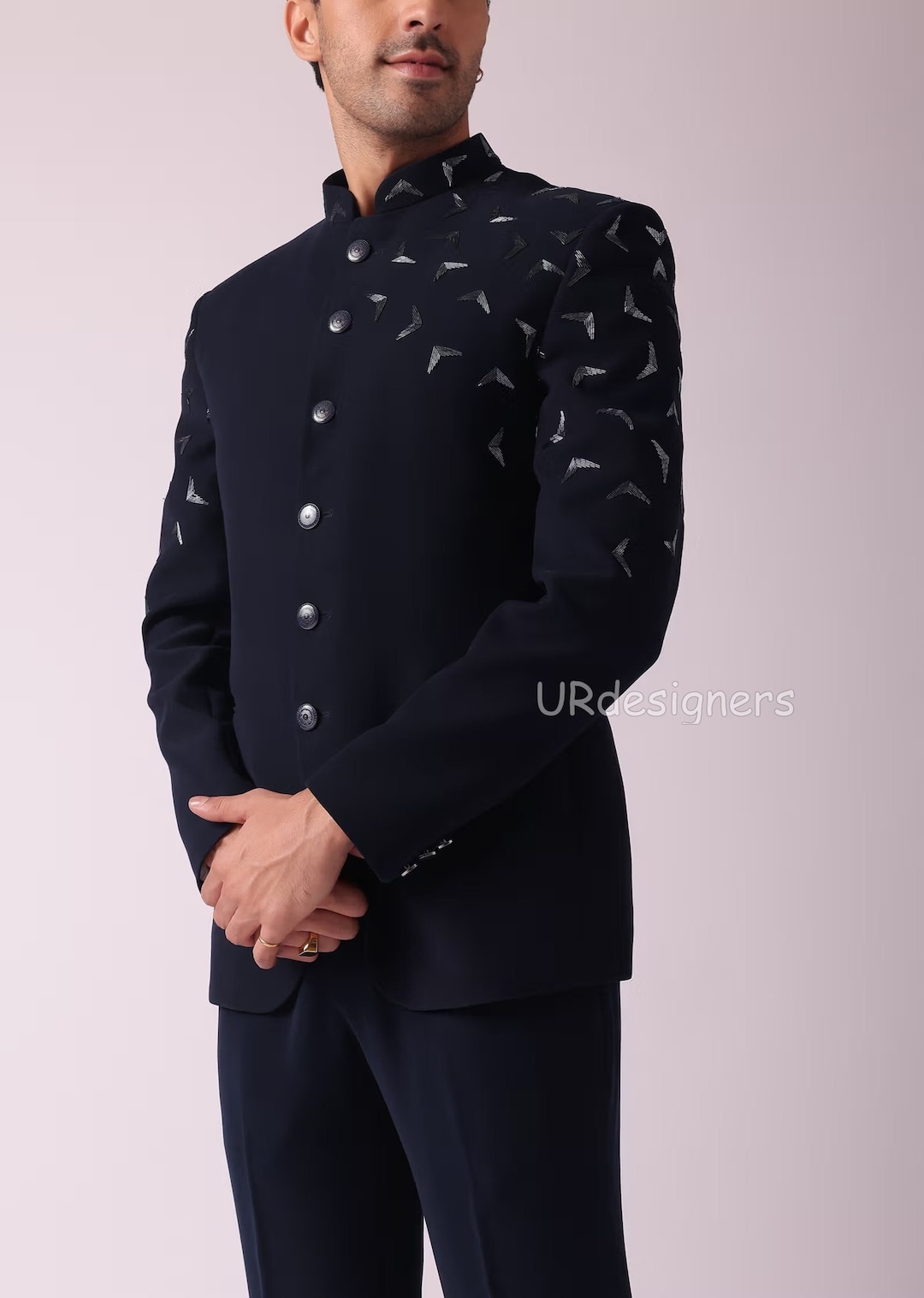 Sparkling Tringles Handwork Dark Blue Prince Jodhpuri Suit for Men for ...