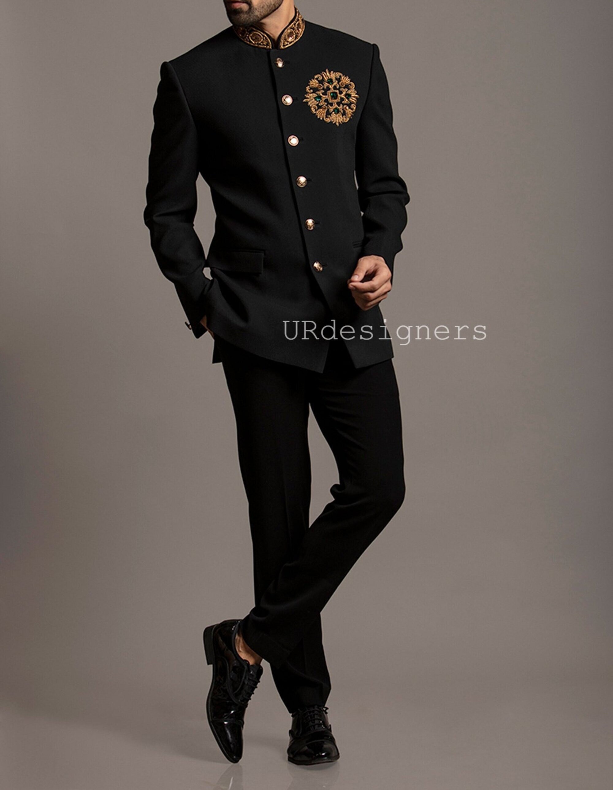Rich Black Prince Jodhpuri Suit With Copper Handwork on Chest - Etsy