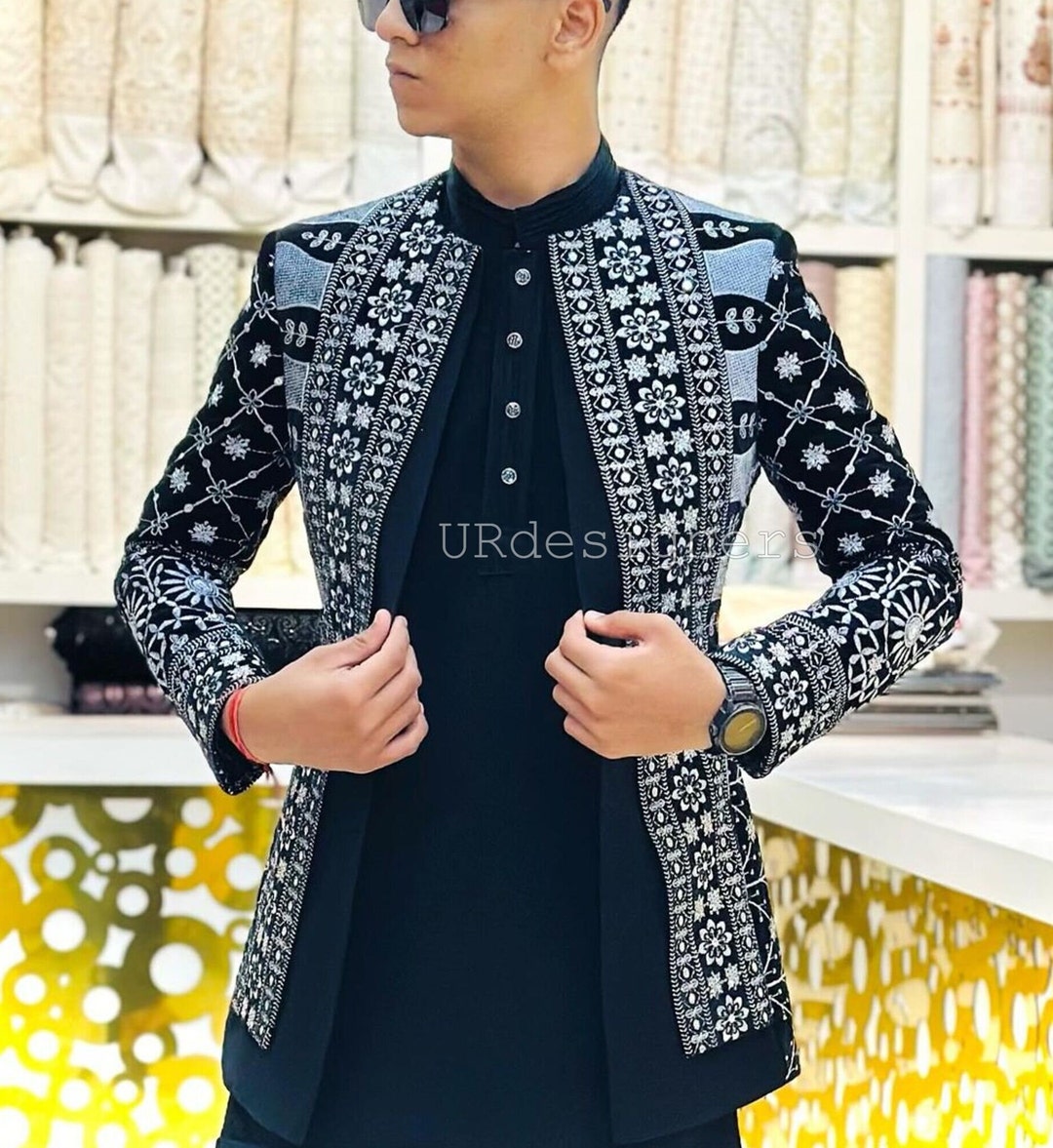 Black Jodhpuri Kurta Suit With Sequins Needle Thread Zai Work With ...