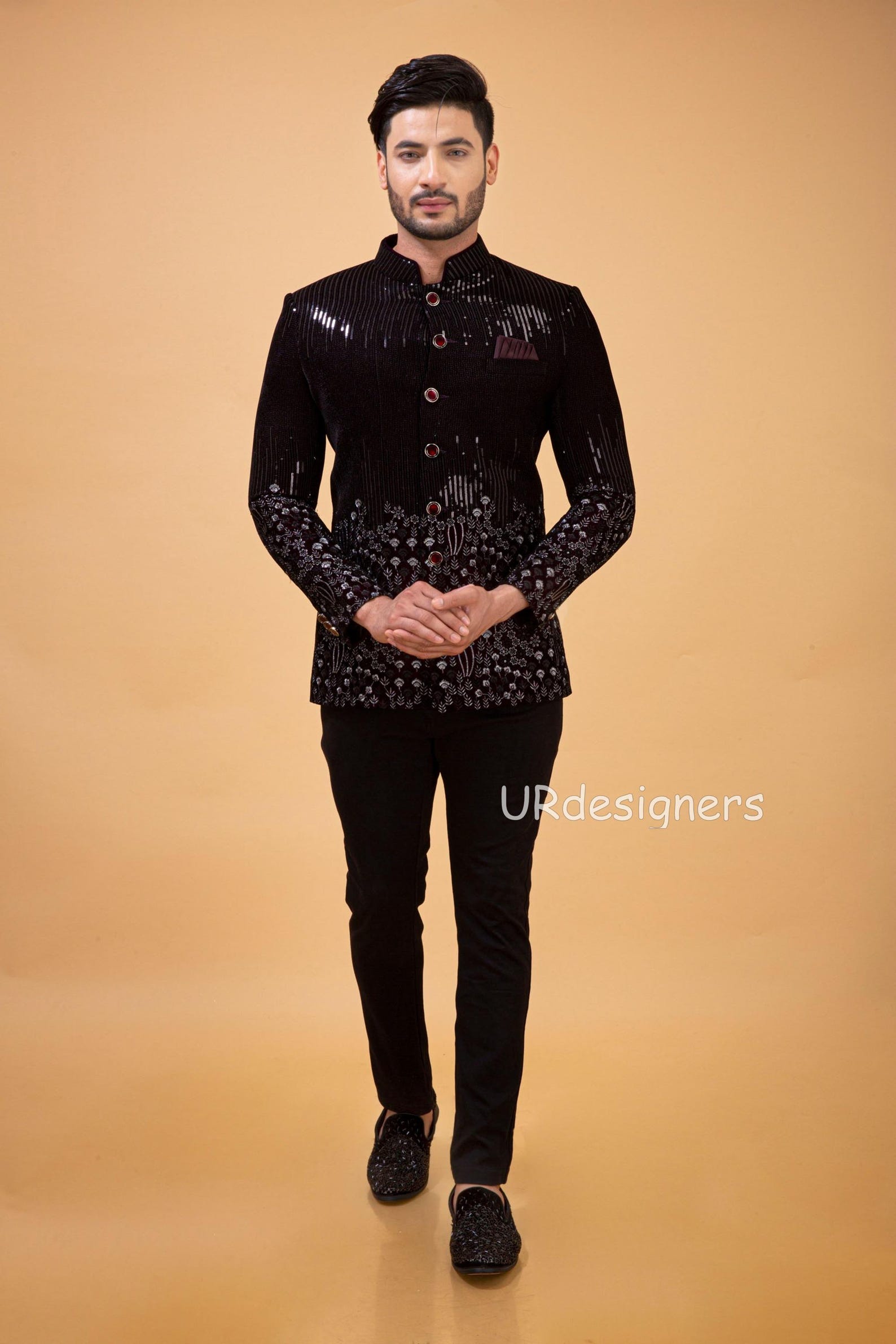 Black Jodhpuri Suit With Sparkling Sequins, Flower Embroidery Work With ...