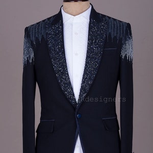 Prom Special Navy Blue Handwork Tuxedo Suit With Same Color Trouser for ...