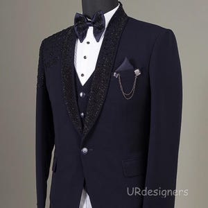 Prom Special Navy Blue Tuxedo Suit With Beads Handwork & Same Color ...
