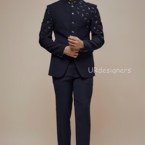 Sparkling Tringles Handwork Dark Blue Prince Jodhpuri Suit for Men for ...