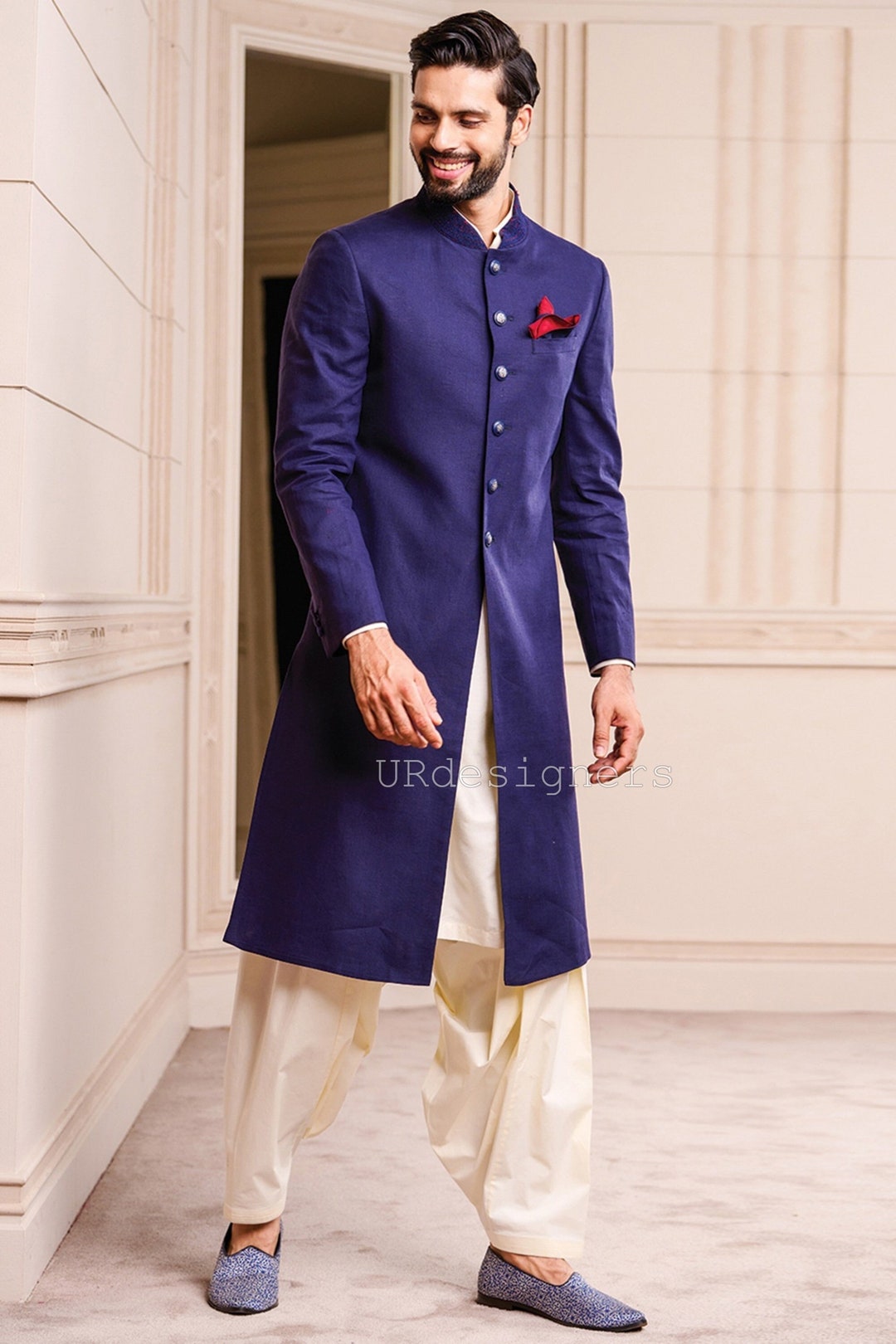 Navy Blue Sherwani Suit: Beige Patiala Salwar, Slim Fit - Etsy