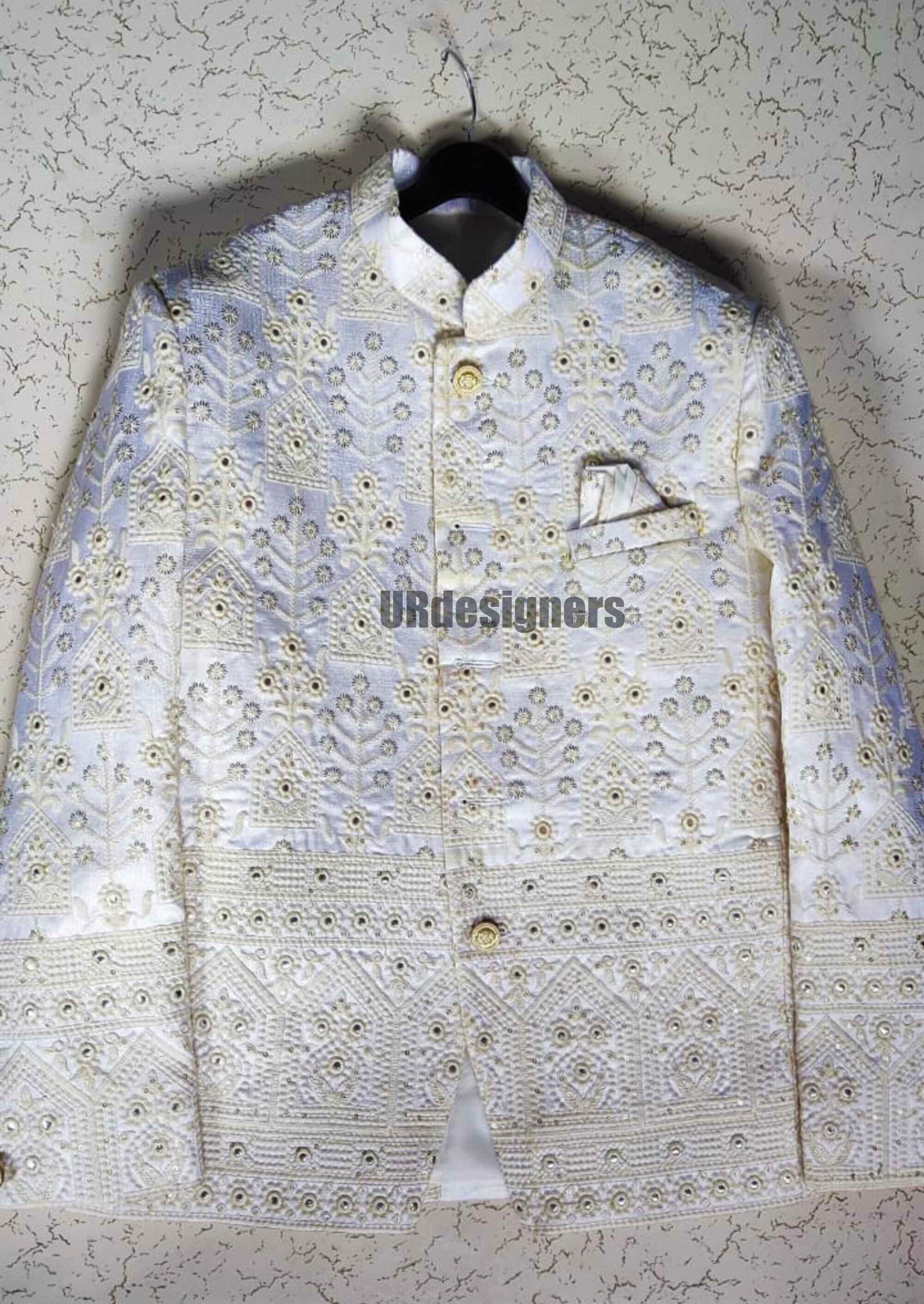 Ivory Jodhpuri Suit: Golden Sequins, Needle Embroidery, Prom Wedding ...