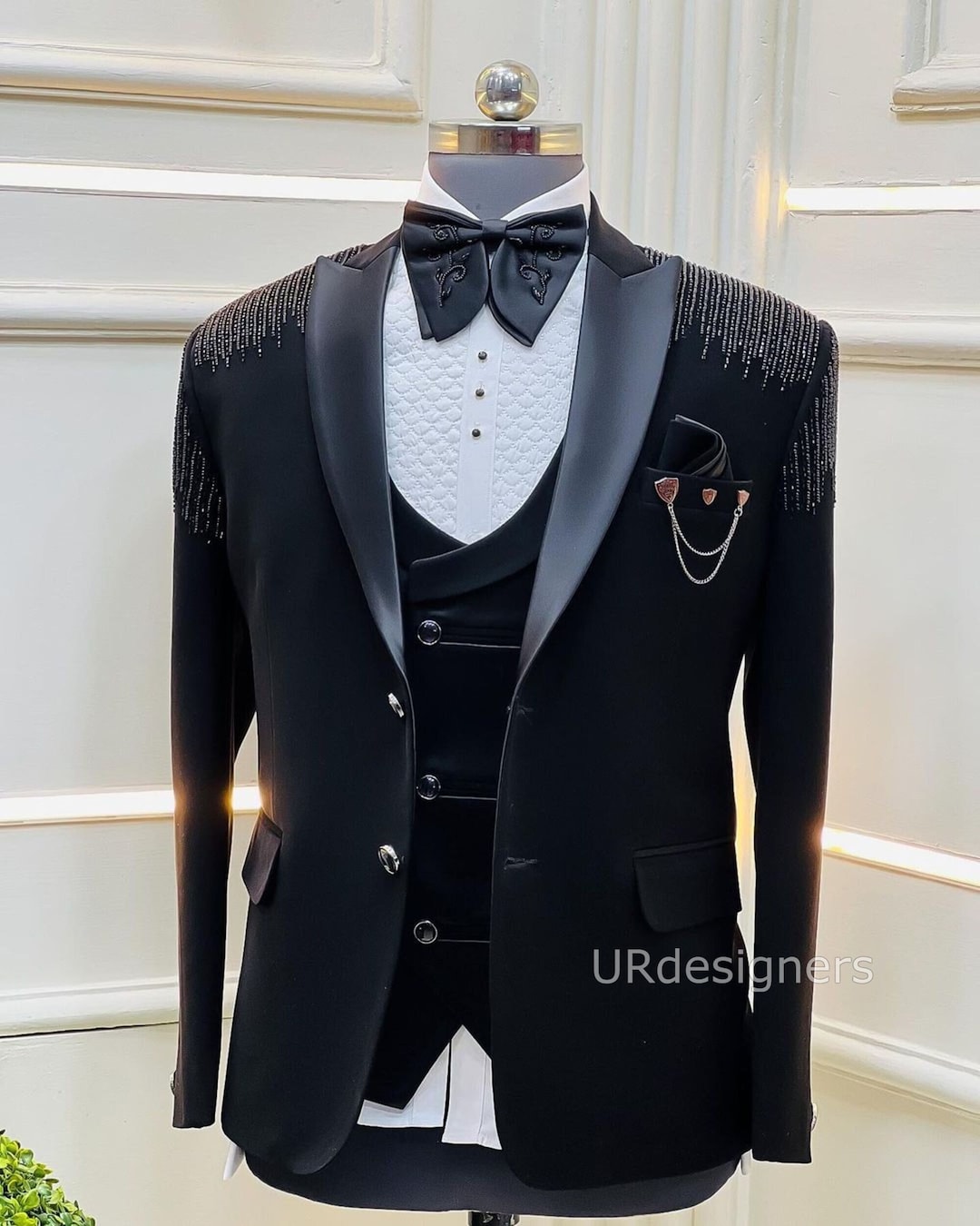 Black Sparkling Tuxedo Suit With Black Pearl Handwork With Satin Lapel ...