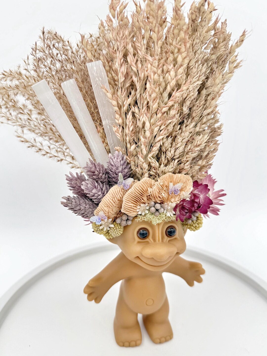 Vintage Troll Doll With Dried Flowers, Mushrooms, Selenite Crystals ...