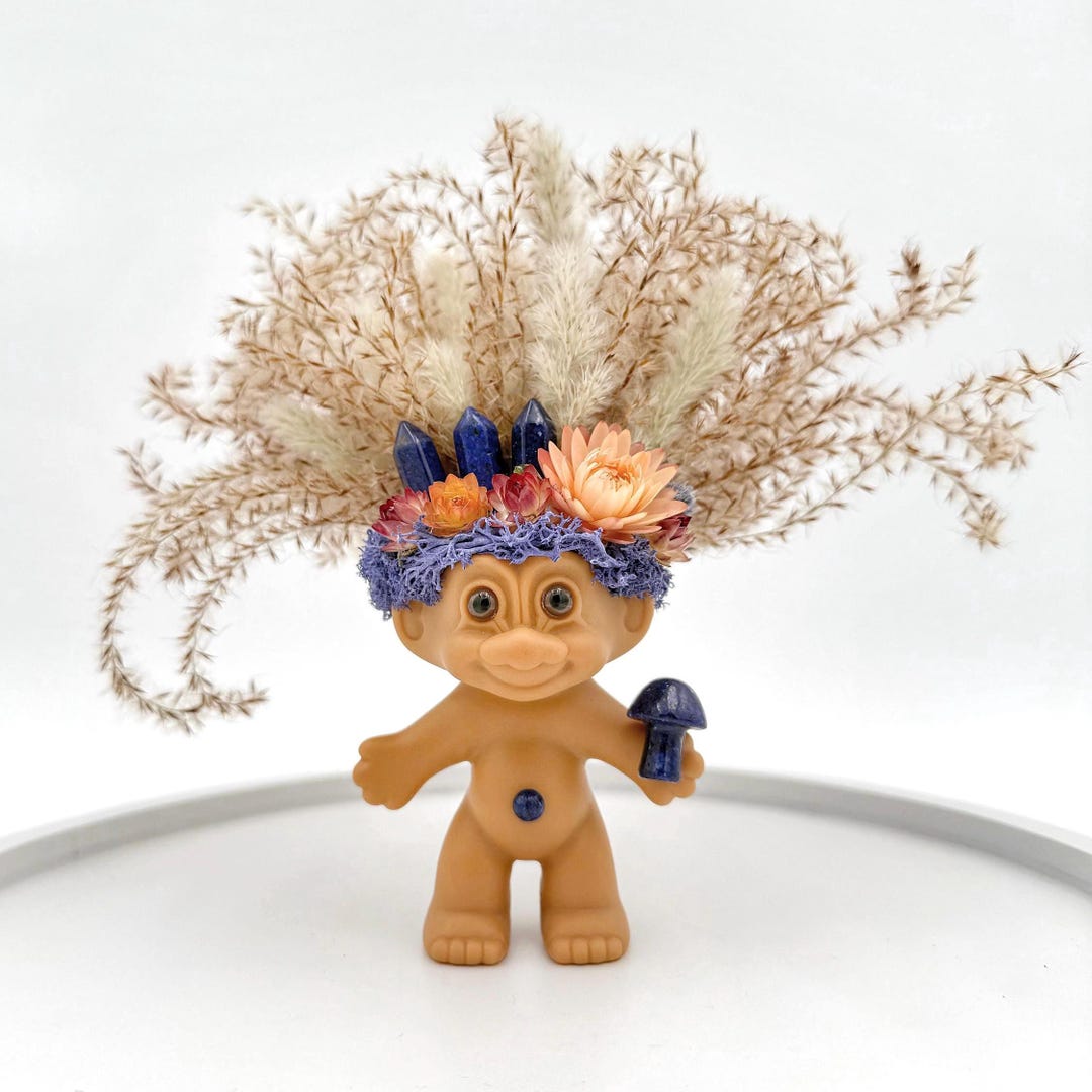 Vintage Troll Doll Repurposed With Lapis Lazuli Crystals, Pampas Grass ...