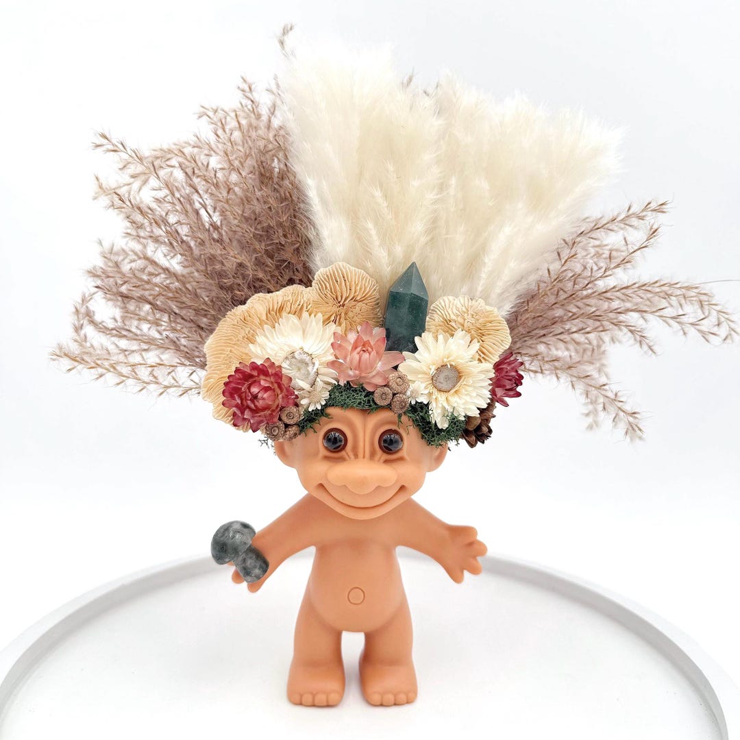 Vintage Troll Doll With Moss Agate Crystals & Dried Flowers Crown – One ...