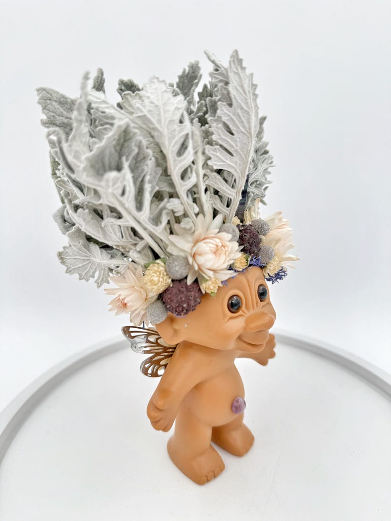 Vintage Troll Doll With Dried Flowers, Fluorite Crystal, Strawflower ...