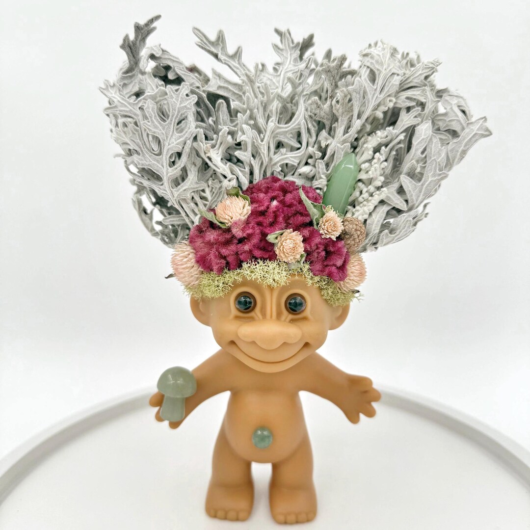 Vintage Troll Doll Repurposed With Dried Flowers and Green Crystals and ...
