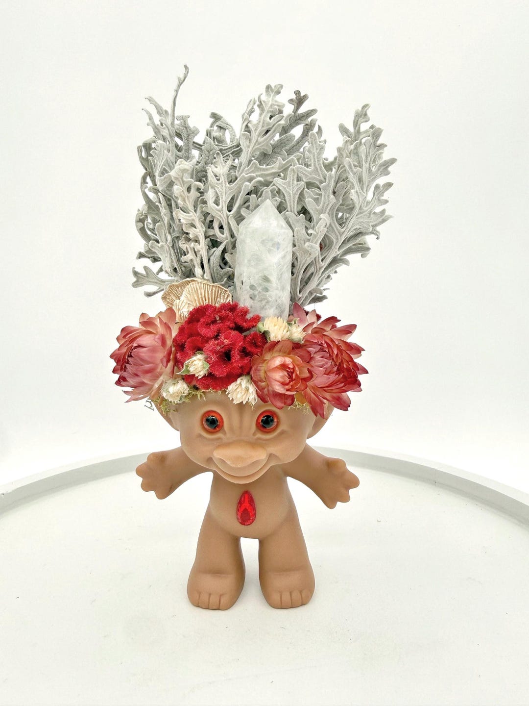Vintage Troll Doll With Dried Flowers, Moonstone Crystal, Cockscomb and ...