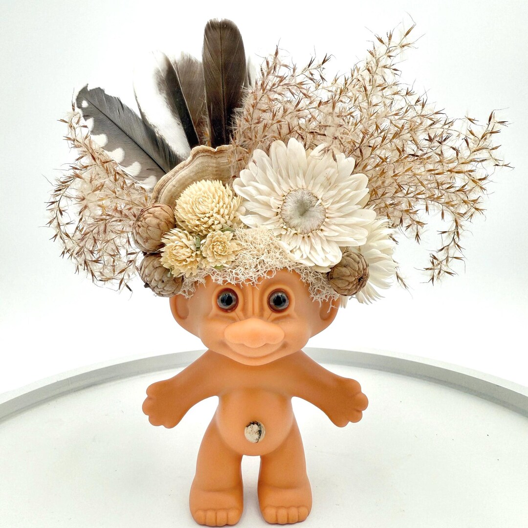 Vintage Troll Doll Repurposed W/ Foraged Feathers, Pampas Grass & Dried ...