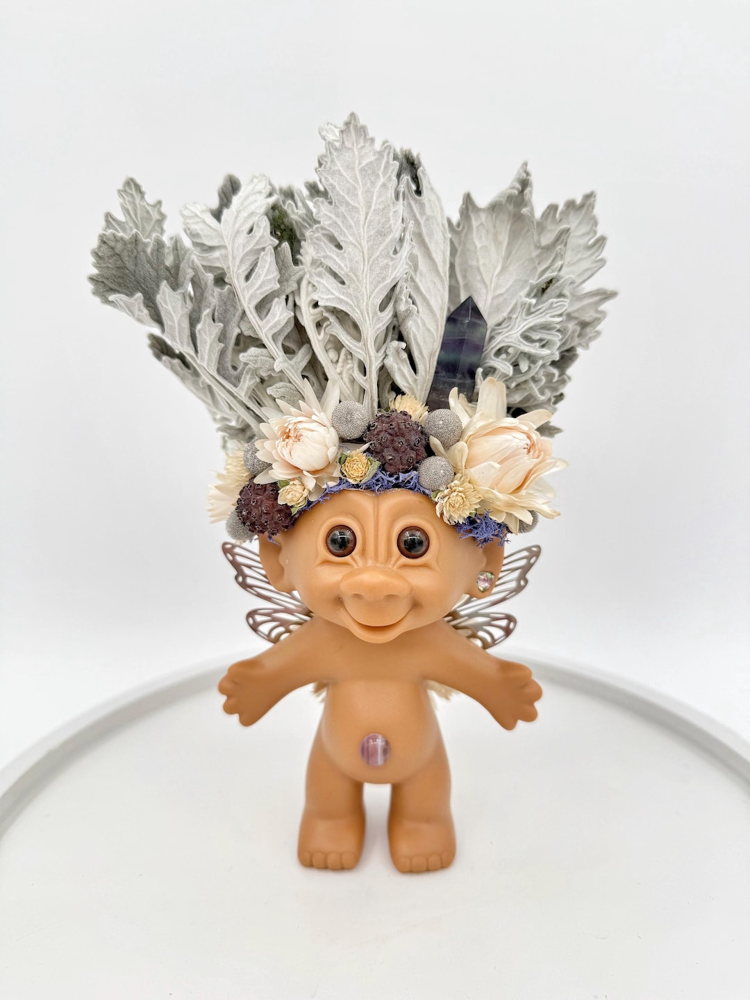 Vintage Troll Doll With Dried Flowers, Fluorite Crystal, Strawflower ...