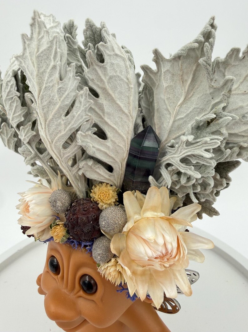 Vintage Troll Doll With Dried Flowers, Fluorite Crystal, Strawflower ...