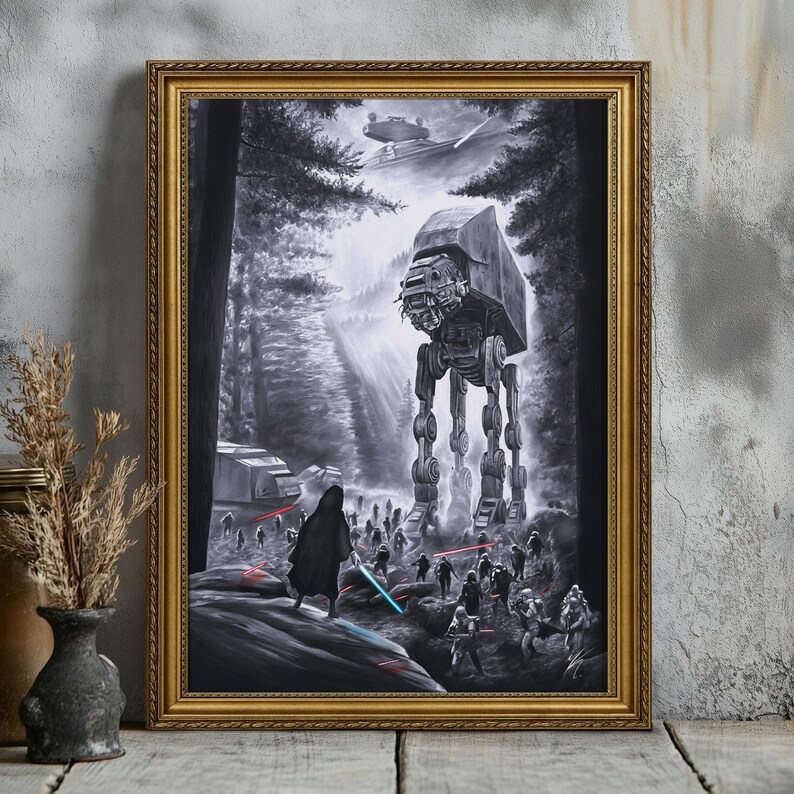Star Wars Art Print – AT-AT Battle Scene Forest | Sci-fi Wall Art ...