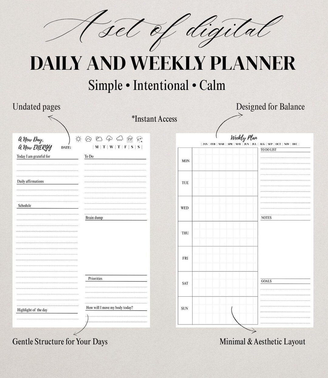 Minimalist Daily & Weekly Planner Set | Productivity Planner| Undated ...