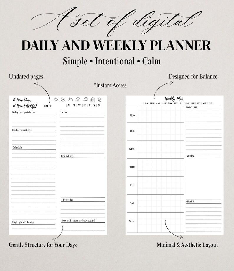 Minimalist Daily & Weekly Planner Set | Productivity Planner| Undated ...