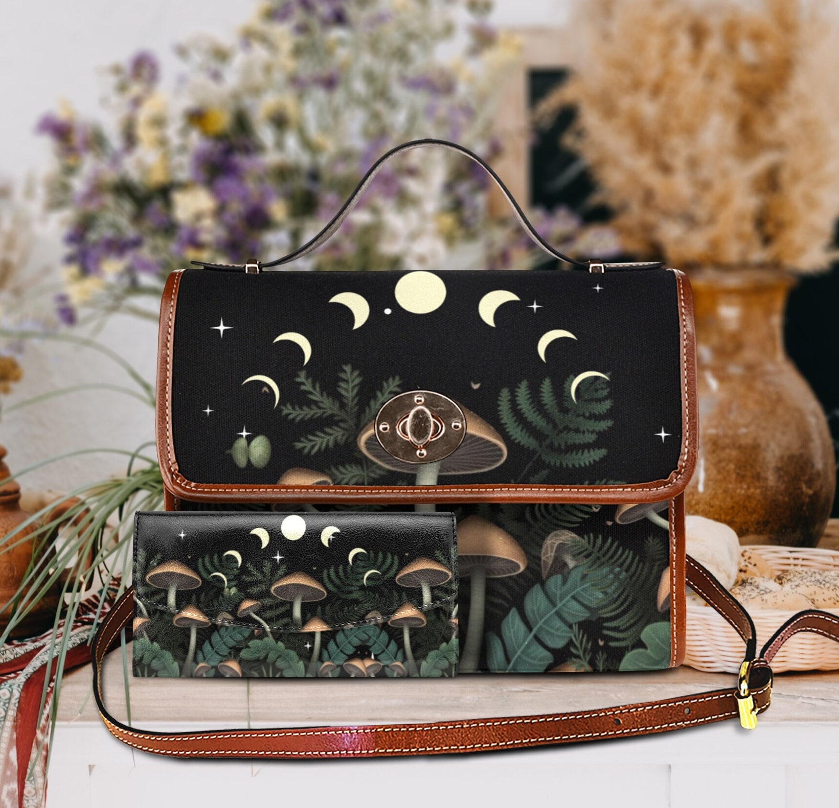 Mushroom Moon Phase Purse, Witchy Cottagecore Crossbody Fern Forest Bag ...