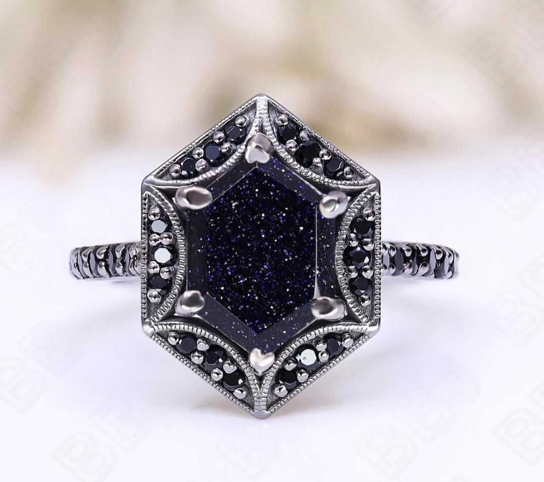 Hexagon Blue Sandstone Ring: 925 Silver, Black Rhodium & Moissanite - Etsy